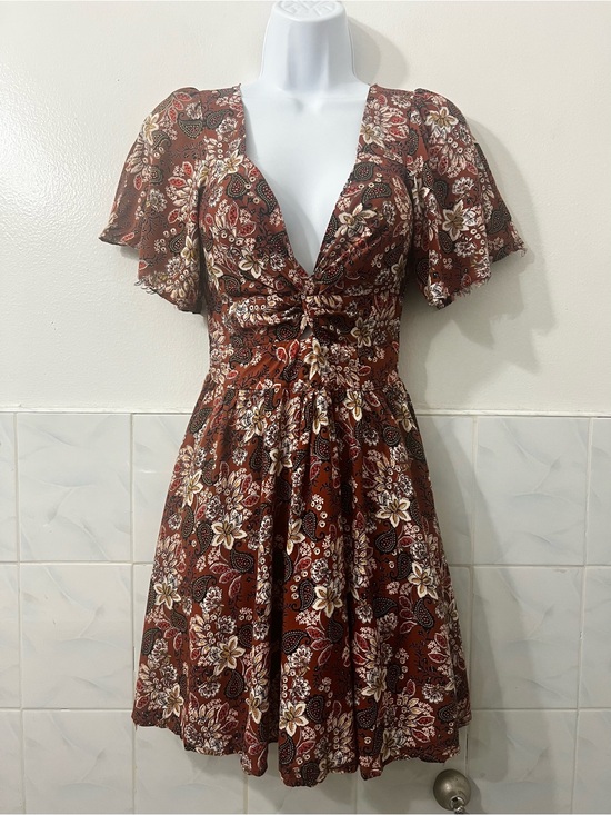 Angie | Dresses | Angie Plunging V Neck Paisley Fringe Hem Mini Dress S ...